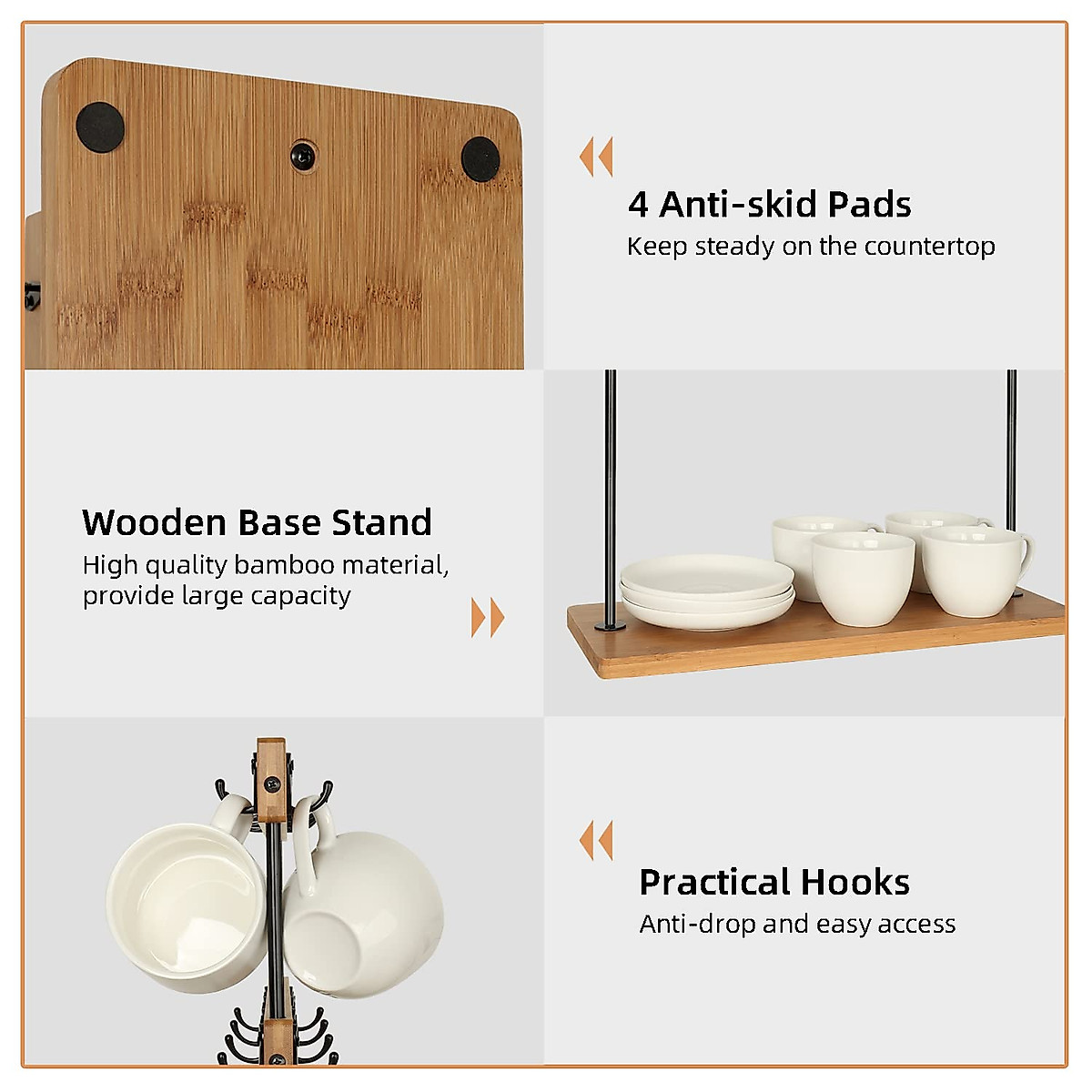 Aomomery Rustic Coffee Mug Holder Stand, Bamboo Mug Tree for 16 Hooks, 2-Tier Countertop Coffee Cup Holder with Storage Base for Kitchen