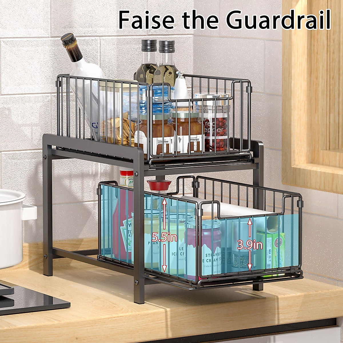 YTDTKJ 2 Tier Under Sink Organzier, Pull Out Cabinets Organizer Shelf Baskets, Stackable Sliding Cabinet Organizer for Kitchen, Pantry, Under The Sink, Cabinet, Bathroom, Black