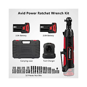 AVID POWER Cordless Electric Ratchet Wrench, 3/8" 50N.m (37 Ft-lbs) 12V Power Ratchet Wrench Kit w/Two 2.0Ah Batteries, 1-Hour Fast Charger, Variable Speed and 10 Sockets