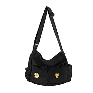 Canvas Messenger Bag Large Hobo Crossbody Bags with Multiple Pockets,School Vintage Shoulder Laptop Bag for Women and Men-Black