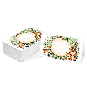 Table Place Card, Woodland Animals Themed Tent Style Cards, Pack of 25 Half-Fold Reception Place Card, Botanical Forest Food Labels, Perfect for Greenery Baby Shower, Birthday Party(C01)