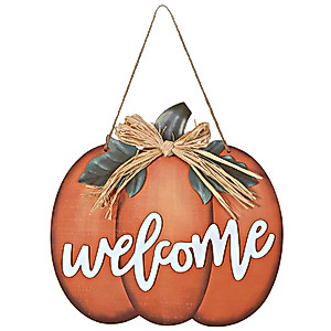 Jetec Fall Decor Pumpkin Welcome Sign Thanksgiving Door Hanger Wooden Pumpkin Decor Hanging Porch Sign for Autumn Harvest Thanksgiving Farmhouse Wall Decoration(Orange)