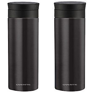 OVENTE Stainless Steel Vacuum Insulated Coffee Water Mug, 16oz Portable Double Wall Handheld Tumbler with Tea Infuser, BPA-Free Spill Proof Travel Friendly for Hot Cold Beverage, Gunmetal MSA16G
