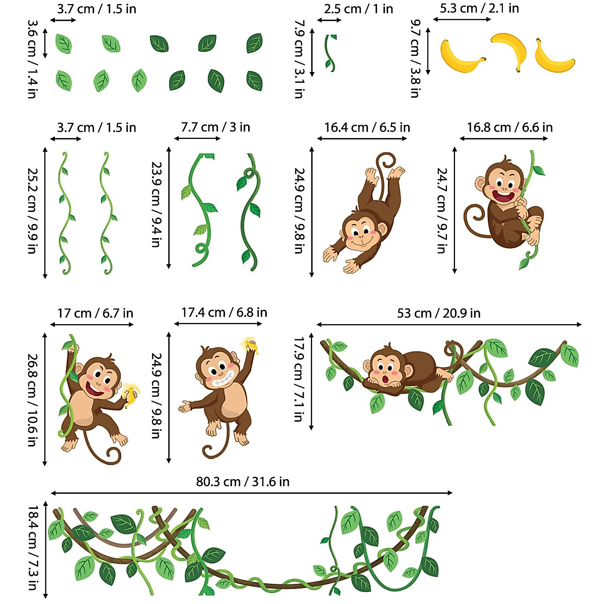 DECOWALL DS9-8053 Monkey Vines Wall Decals Kids Stickers Nursery Room Bedroom décor Living Baby Tree Removable Animal Peel Stick Jungle Art Green Home playroom Vinyl Leaves Decoration