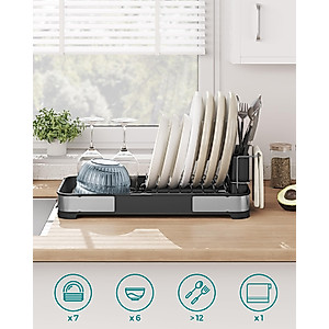 SONGMICS Small Dish Drying Rack, Dish Dryer for Kitchen Counter, Stainless Steel Dish Rack with Drain, Utensil Holder, Rustproof, for Dishes, Knives, Spoons, Forks, Silver and Black UKCS034B01