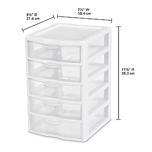 Sterilite 20758004 Small 5 Drawer Unit, White Frame with Clear Drawers, 4-Pack