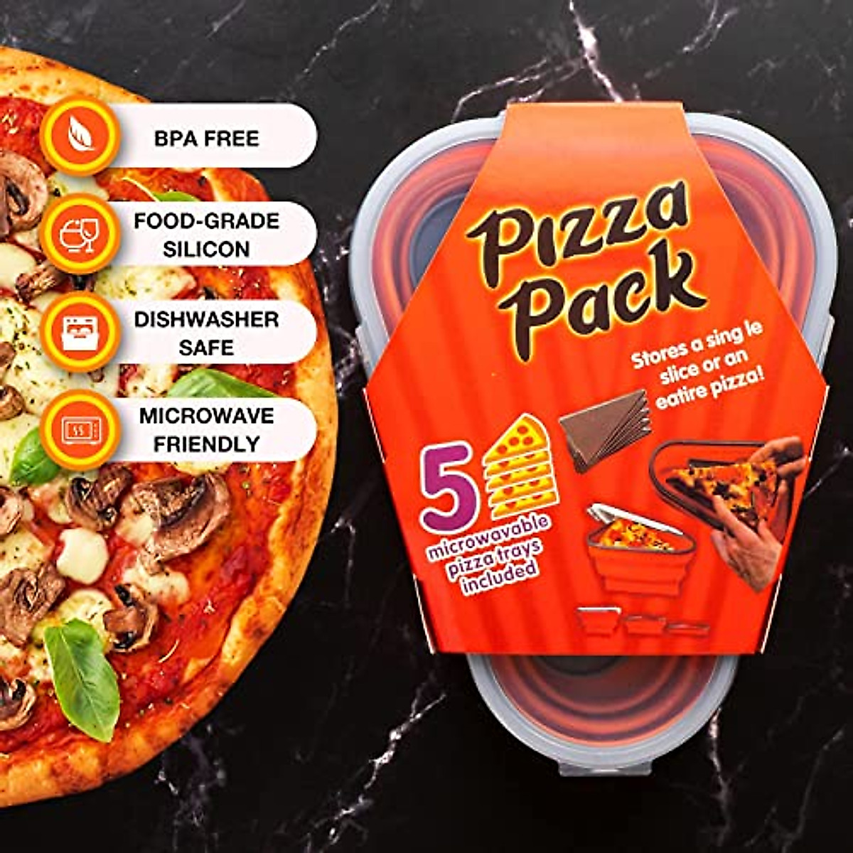 Pizza Pack Storage Containers Expandable Collapsible, Silicone Pizza Box with 5 Microwavable Serving Trays, Pizza Storage Containers for Travel Hiking Camping, Microwave and Dishwasher Safe (Orange)