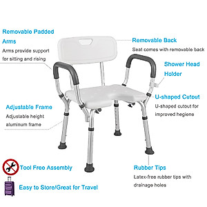 DECTRII Shower Chair with Back and Arms, 300 LBS Heavy Duty Shower Bath Seat for Handicap, Padded Bathtub Chair with Handles Shower Cutout Seat for Disabled, Seniors & Elderly