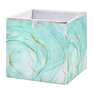 ALAZA Teal Turquoise Marble Fabric Cube Storage Bin,Collapsible Fabric Bins Organizer Foldable Basket For Closet Cabinet Shelf Office,15.75X10.63X6.96In