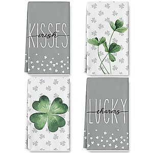 AnyDesign St. Patrick's Day Kitchen Towel Gray White Lucky Kisses Dish Towel Shamrock Clover Hand Drying Tea Towel for Cooking Baking Cleaning Wipes, 18 x 28 Inch, Set of 4