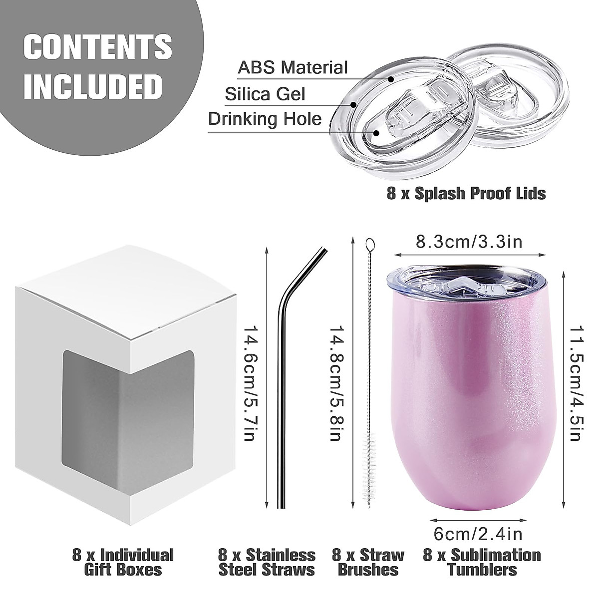 BetterSub 8 Pack 12oz Sublimation Glitter Pink Wine Tumblers Double Wall Insulated Sublimation Blanks Tumblers, Stainless Steel Sublimation Cups with Lid, Metal Straw, Brush, Display Box