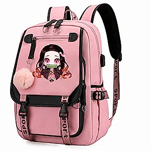 GDFENDU Japanese Anime Backpacks with Keychains,USB Charging Port Student School Bag Laptop Cosplay for Boys Girls (Pink)