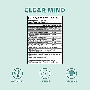Bloom Nutrition Clear Mind | Nootropic Brain Booster Supplement with Lions Mane Mushroom, Alpha GPC, Ginseng, Ginkgo Bilboa, & Rhodiola Rosea | Supports Mental Clarity, Memory, & Focus | 60 Capsules