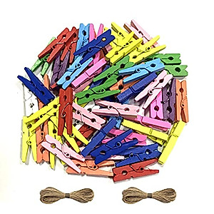 200 Pack Colored Wooden Clothes Pins, 10 Colors Wooden Clothes Pins with 66FT Jute Twine, Rainbow Clips for Photos, Pictures, Clothing Hanging (2.83 in)