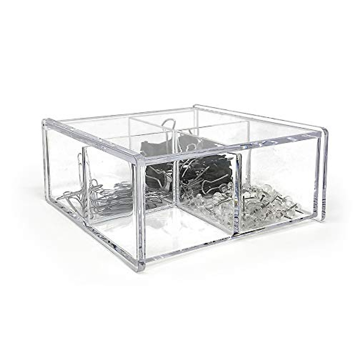 Isaac Jacobs 4-Compartment Square Clear Acrylic Organizer with Lid (5.75" L x 5.75" W x 2.75" H), Multi-Sectional Tray, Stackable, Storage Solution for School, Craft, Office Supplies, Kitchen & More