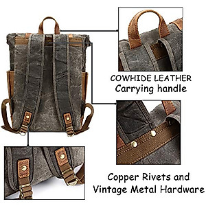 Mwatcher Canvas Leather Backpack Waterproof Rucksack for College Weekend Travel Fit 15in laptops