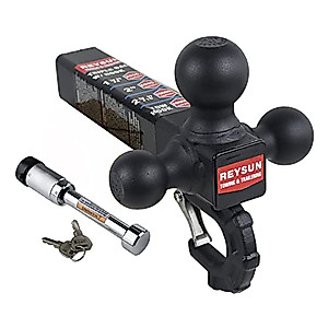 REYSUN Trailer Hitch 864011L Tri Ball Mount with Hook, Tactical Tow Hook, Fits 2 inch Hitch Receiver, Secure with Self-Lock Latch, Matt Black, 5/8 Inch Hitch Lock Included…