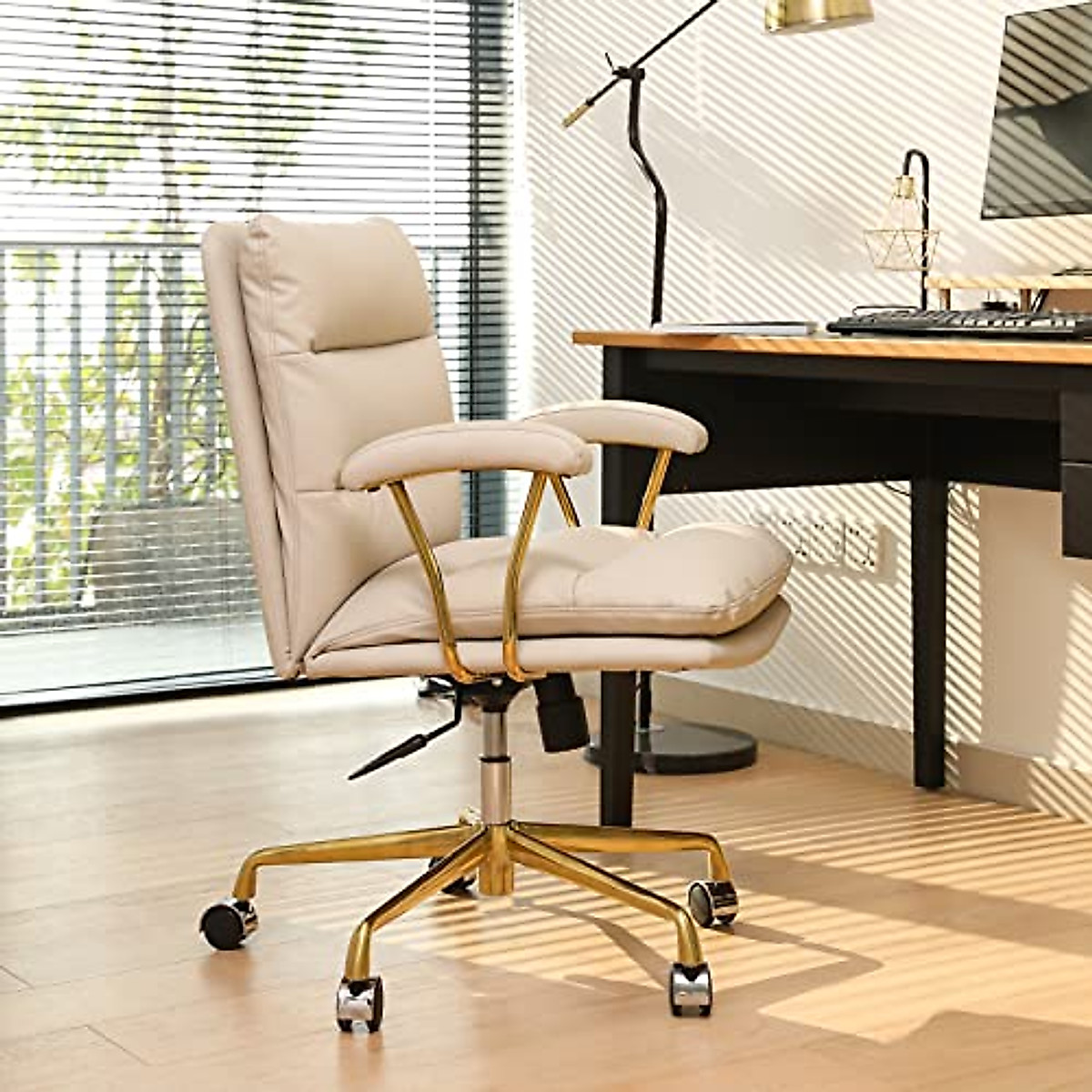 EMIAH Office Desk Chair Ergonomic Computer Chair Mid-Back PU-Padded Executive Adjustable Rolling Swivel Task Chair, Home Office Desk Chairs with Upholstered Armrest & Thickened Cushion