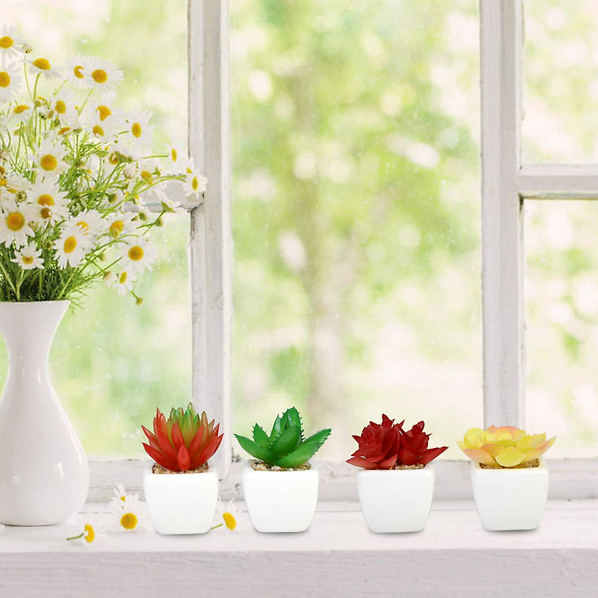 4 Pack Succulent Plants Artificial Fake Succulents in Pots Faux Succulents Fake Plants Bulk Assortment in Flocked Green Small Succulent Holder Decor for Window Landscape Garden Home Office Decor