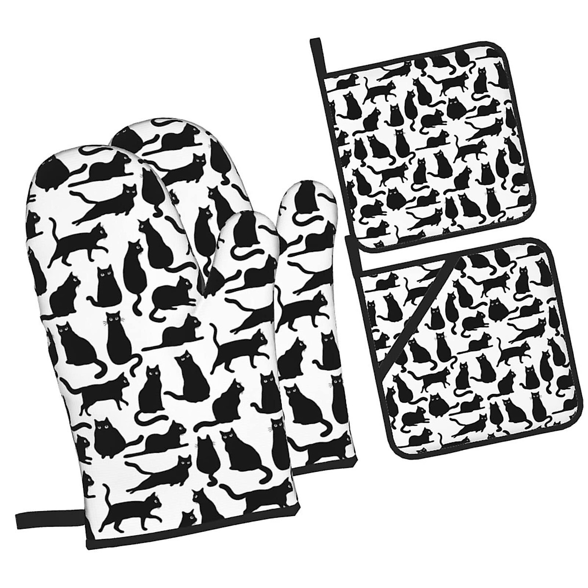 Black Cat Oven Mitts and Pot Holders Set of 4 Washable Heat Resistant Kitchen Gloves Waterproof Oven Gloves and Hot Pads for Cooking Grilling BBQ Baking