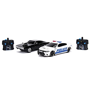 Jada Fast & Furious Chase Twin Pack- Dom's Dodge Charger R/T & Dodge Charger SRT Hellcat, Police & Chase Car Rc, USB Charged, Black and White