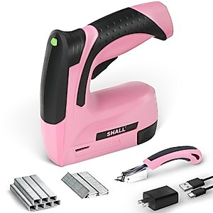 SHALL Pink Electric Staple Gun, 2 in 1 Cordless Upholstery Stapler Nail Gun for Wood, 4V Rechargeable Brad Nailer Kit w/ 2500 Staples Nails, Staple Remover & Fast Charger for Crafts, DIY, Decoration