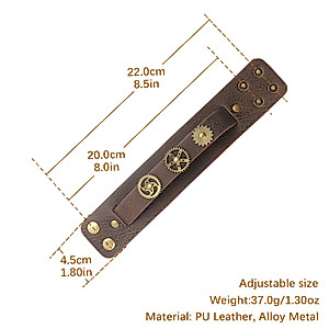 HZMAN Steampunk Alloy Gear Leather Wristbands for Men Women Bracelets Cuff Bangle Jewelry Brown Adjustable