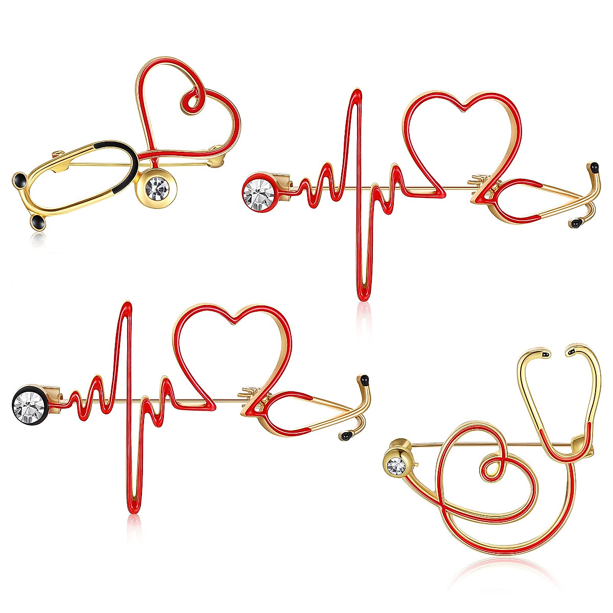Henoyso 4 Pieces Stethoscope Brooch Pins Electrocardiogram Stethoscope Brooch Heart Shaped Pin Stethoscope Lapel Pin for Clothing Bags Women Men Decorations