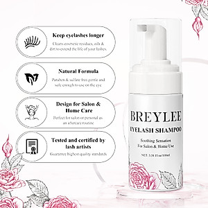 BREYLEE 100 ml Lash Shampoo for Lash Extensions, Lash Fan Dryer+Rinse Bottle+Brushes+Cotton Puff, Eyelash Extension Cleanser, Lash Bath Wash Soap Foam Cleaner for Salon and Home Use