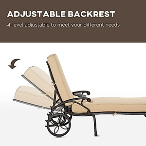 Outsunny Aluminum Adjustable Chaise Lounge Chair, Folding 4-Position Patio Recliner, Wheels, Armrests, Side Table, Cushion for Poolside, Backyard, Deck, Porch Garden, Beige