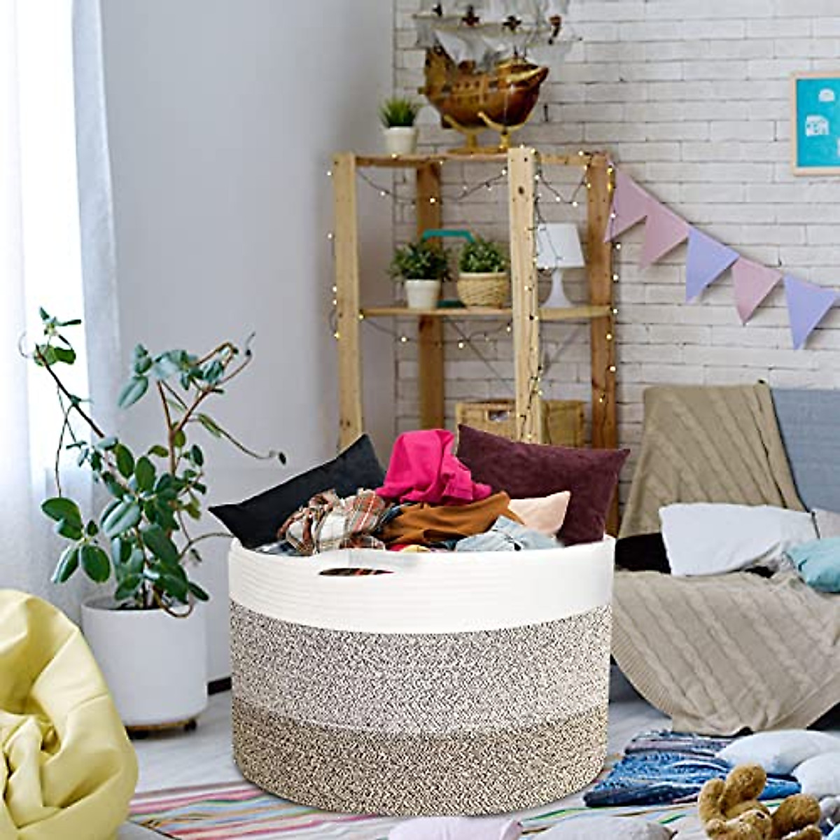 Large Woven Cotton Rope Basket - 22" x22"x 14", Baby Laundry Basket, Blanket Basket, Storage Baskets, Home Organizing Bins and Nursery Decor with Handle for Blankets, Toys, Clothes(White & Brown)