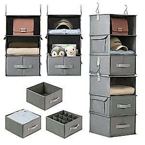 6-Tier Hanging Shelves for Closet, Two 3-Shelf Hanging Closet Organizer w/ 4 Side Pockets and 3 Drawers, Combinable for Dorm Wardrobe Organizer and RV Storage and Organization (Light Gray, Assembled)