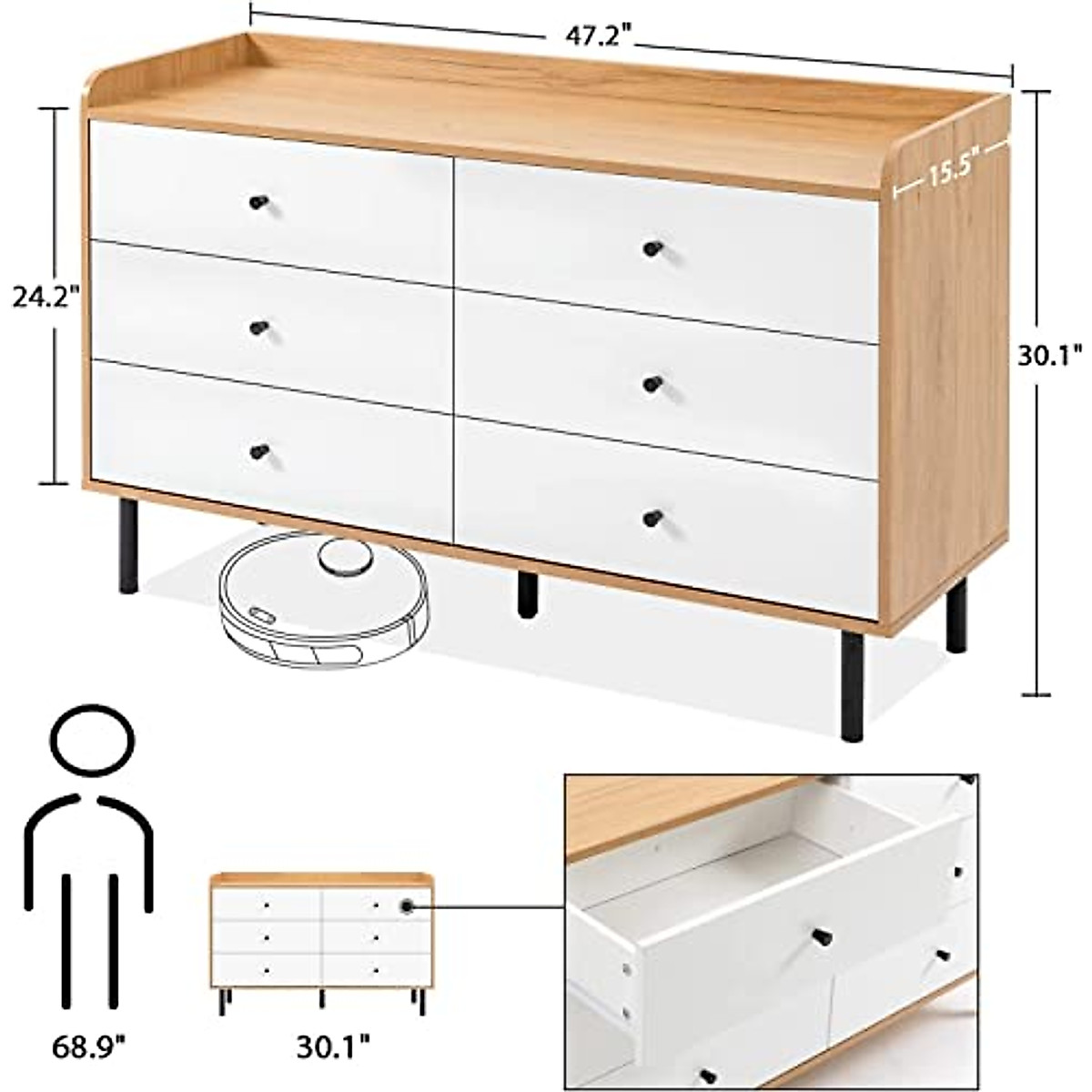 KFO Dresser for Bedroom, 6 Drawer Dresser with Metal Handle, Sturdy Frame Modern Bedroom Furniture, Chest of Drawers, Wood Dresser with Drawers for Living Room, Hallway, Children Room