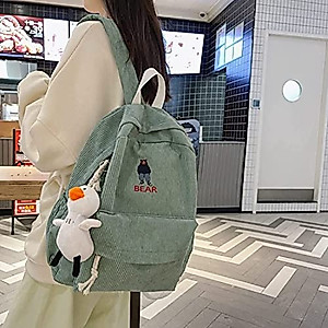MeganJDesigns Cute Backpack Aesthetic School Large Laptop Bag with Pendant for Teen Girls Students Corduroy Backpacks (02#Green)