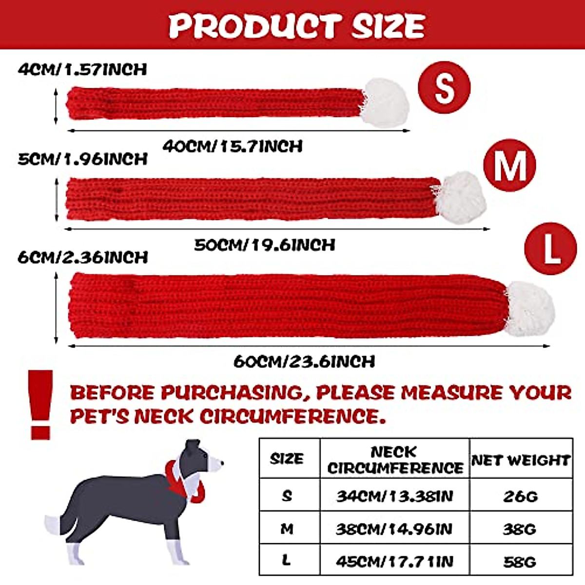 Cobee Christmas Dog Cat Santa Scarf, Dog Winter Knitted Scarf Pet Winter Neck Warmer Costume with White Pompom Ball Party Dressup Xmas Cute Decorate Gift Red (Medium)