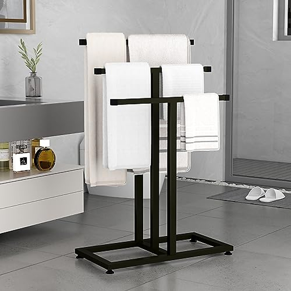 3 Tier Towel Rack Holder Free Standing Towel Hanging and Drying Rack Bath Towel Storage Organizer Solution for Bathroom Hotel Restroom Beach Swimming Pool (Metal)