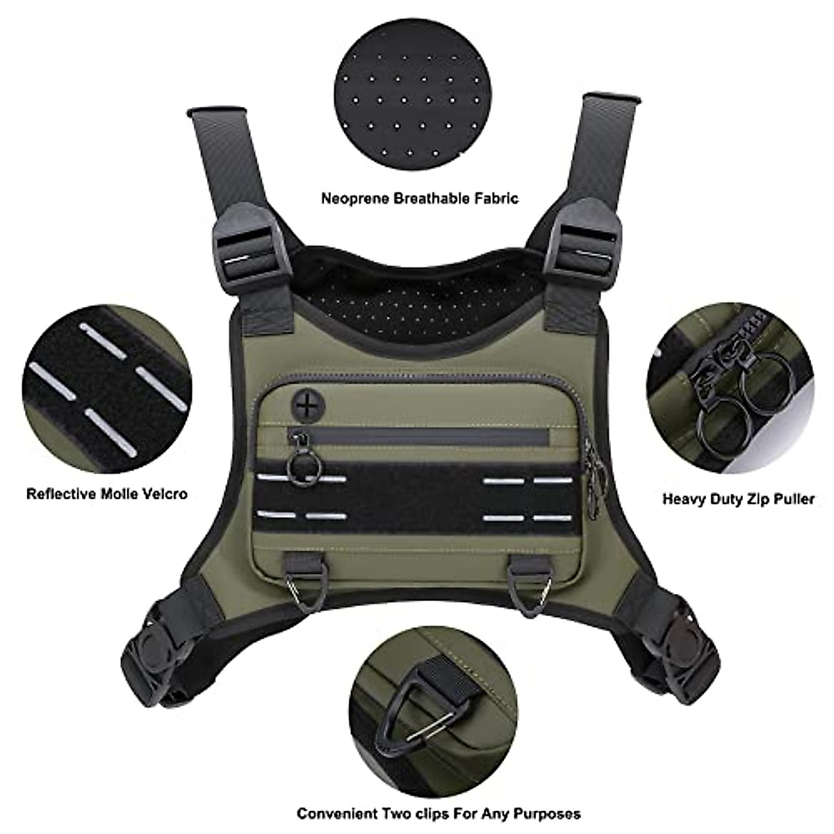 Muserise Sports Chest Bag For Men, Water Resistant Lightweight Front Chest Pack, Vest Bag With Built-In Phone Holder & Extra Storage For Workouts, Running, Cycling (Olive), One Size (MU05)