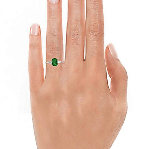 Diamondere Natural and Certified Emerald and Diamond Baguette Engagement Ring in 14K White Gold | 0.76 Carat Three Stone Petite Ring for Women, US Size 7.5