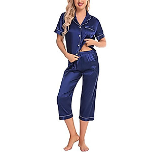 SWOMOG Satin Pajama Set Women Silk Pjs Set Short Sleeve 2 Piece Button Down Sleepwear Lounge Sets Navy Blue