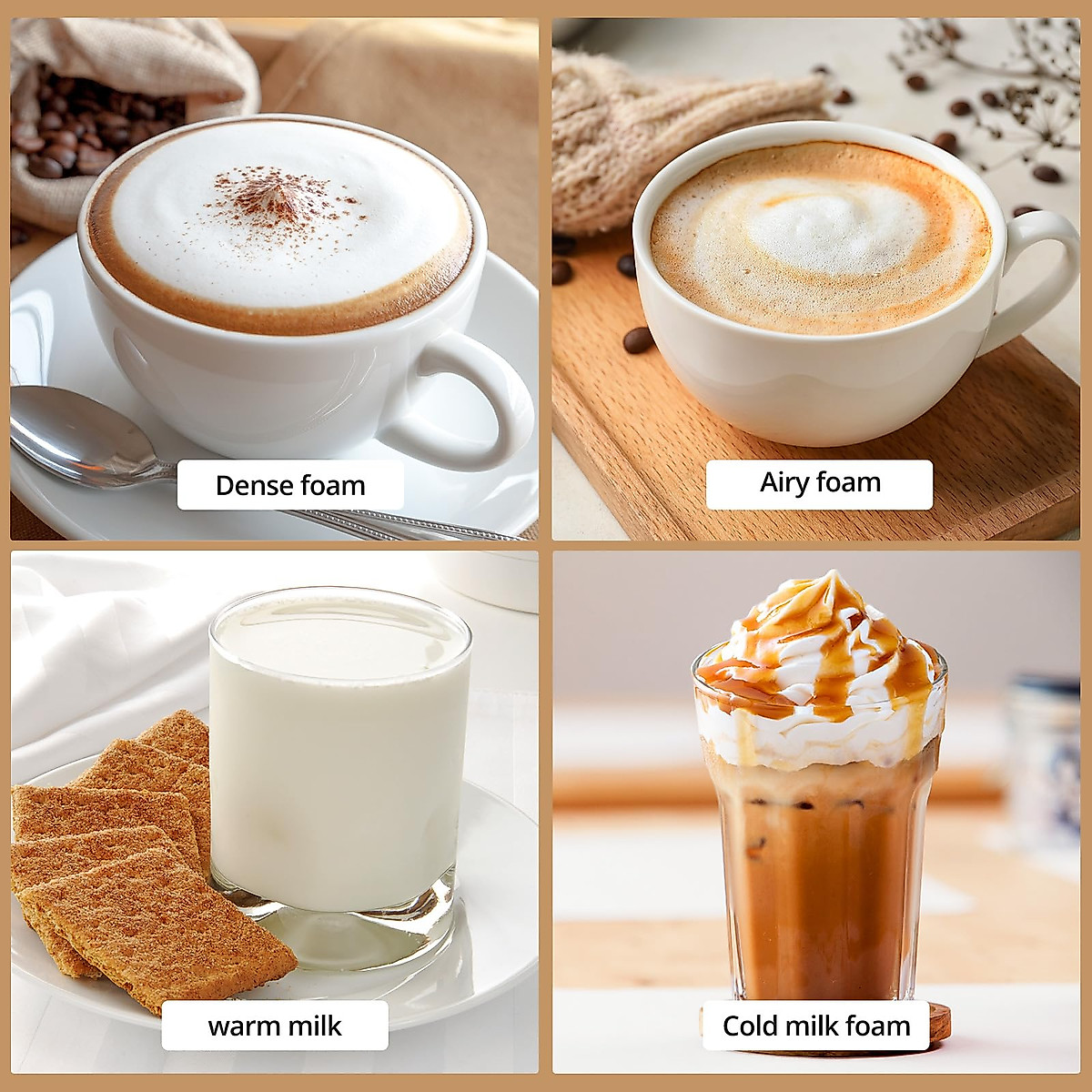 Milk Frother, 4-in-1 Milk Frother and Steamer, Non-Slip Stylish Design, Hot & Cold Milk Steamer with Temperature Control, Auto Shut-Off Frother for Coffee, Latte, Cappuccino, Macchiato (Black)