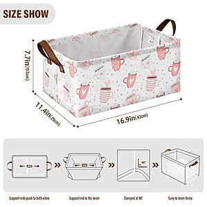 Exnundod Collapsible Storage Bin Pink Coffee Hearts Organizer Storage Shelf Basket Cute Valentine's Day Storage Boxes with Handles for Closet Blanket Toys Home Dorm Office