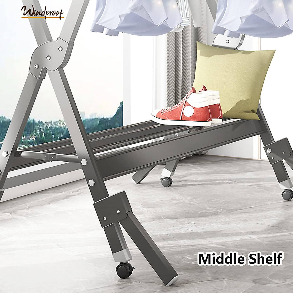 UVCMDUI Heavy Duty Clothes Airers Indoor Strong Folding, Windproof Retractable Drying Rack Collapsible Clothes Rail, Airing Rack Clothes Drying Rack for Indoor Outdoor,2 Poles with Shoe Rack,2.3m