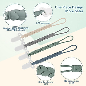 4-Pack Silicone Pacifier Clips with a Woven Rope Shape for Baby Boys and Girls - Flexible and Rust-Free Holders for Teething Relief and Baby Essentials, Safe for Newborns (Grey)