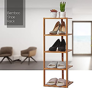 MoNiBloom 5 Tier Shoe Rack, Bamboo Narrow Single Pairs Shoe Storage Space Saving Ventilated Shoe Organizer for Small Spaces Corner Hallway Entryway, Brown