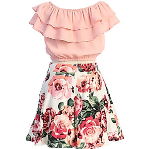 Cold Shoulder Crop Top Ruffle Layered Top Flower Girl Skirt Sets for Big Girl Blush 12 JKS 2130S