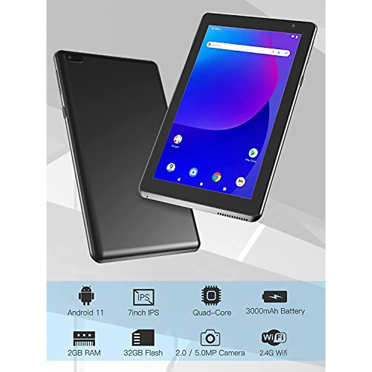 ATOZEE Android 11.0 Tablet, 7 Inch Tablets, Quad-Core 1.5GHz Processor, 32GB Storage, 2GB RAM, Dual Camera,1024 x 600 IPS HD Display Screen,128GB Expand, WiFi, BT, Black 7" Tablet.