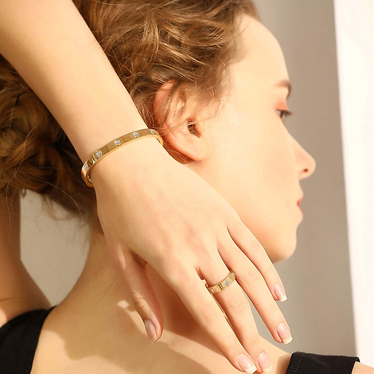 Aojun Fashion Classic 18K Gold Plated Titanium Steel Women Stacking Ring Best Gifts Couples Valentine's Day (Gold, 6)