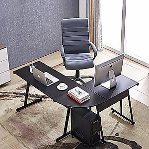 ENGERIO L-Shaped Computer Desk Reversible Office Desk with Keyboard CPU Power Tray Stand Modern Home Office Corner Table Gaming Desk Student Study Bedroom Writing Table (Black)