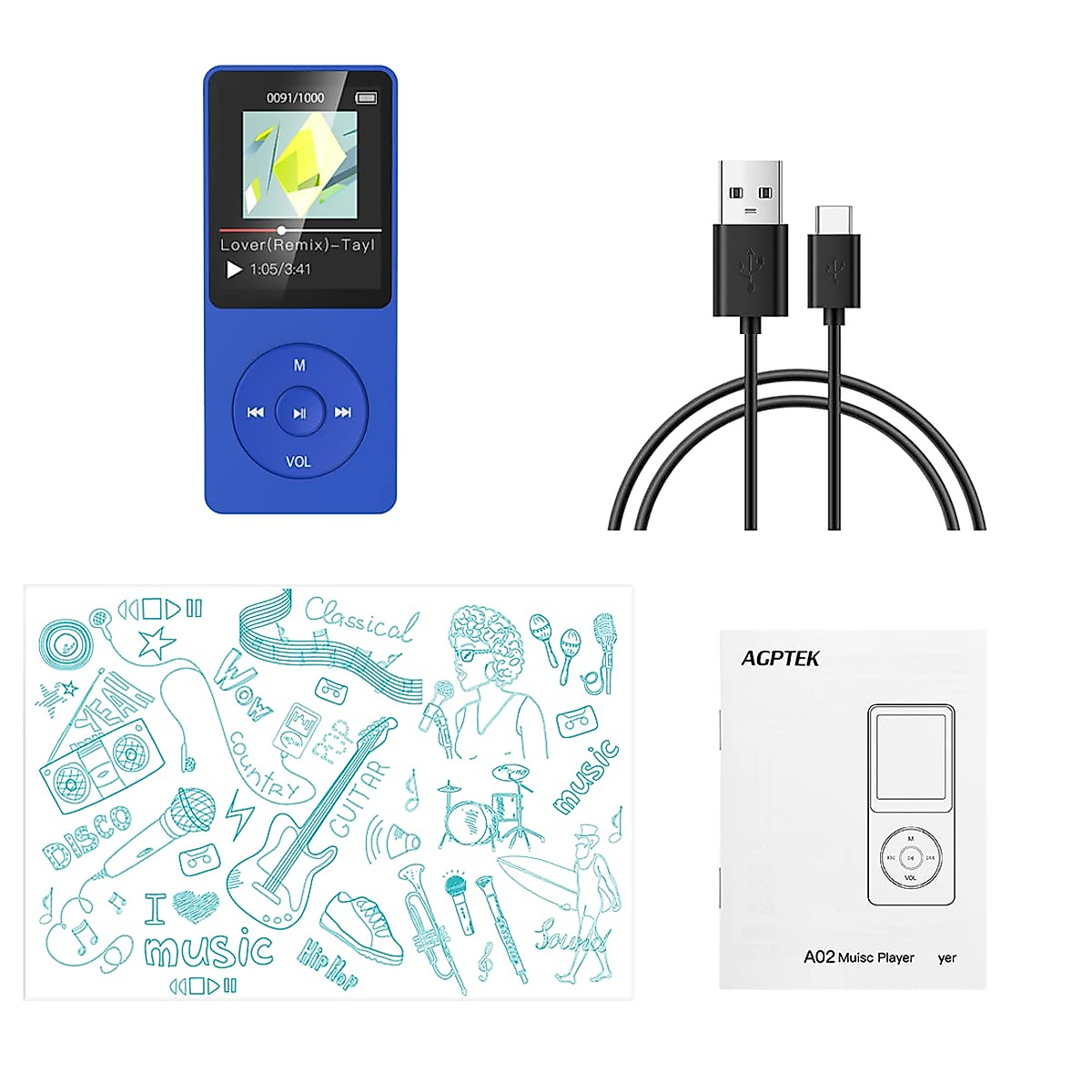 AGPTEK A02 8GB MP3 Player, 70 Hours Playback Lossless Sound Music Player, Supports up to 128GB, Dark Blue