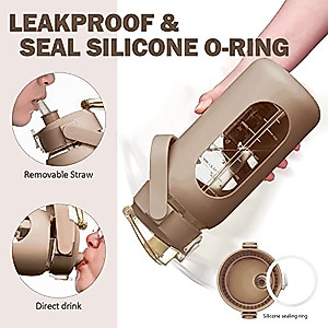 kytffu 64oz Glass Water Bottles with Straw, Half Gallon Motivational Glass Bottle with Silicone Sleeve and Time Marker, 2L Leakproof Large Glass Water Jug for Gym Home Office,Amber